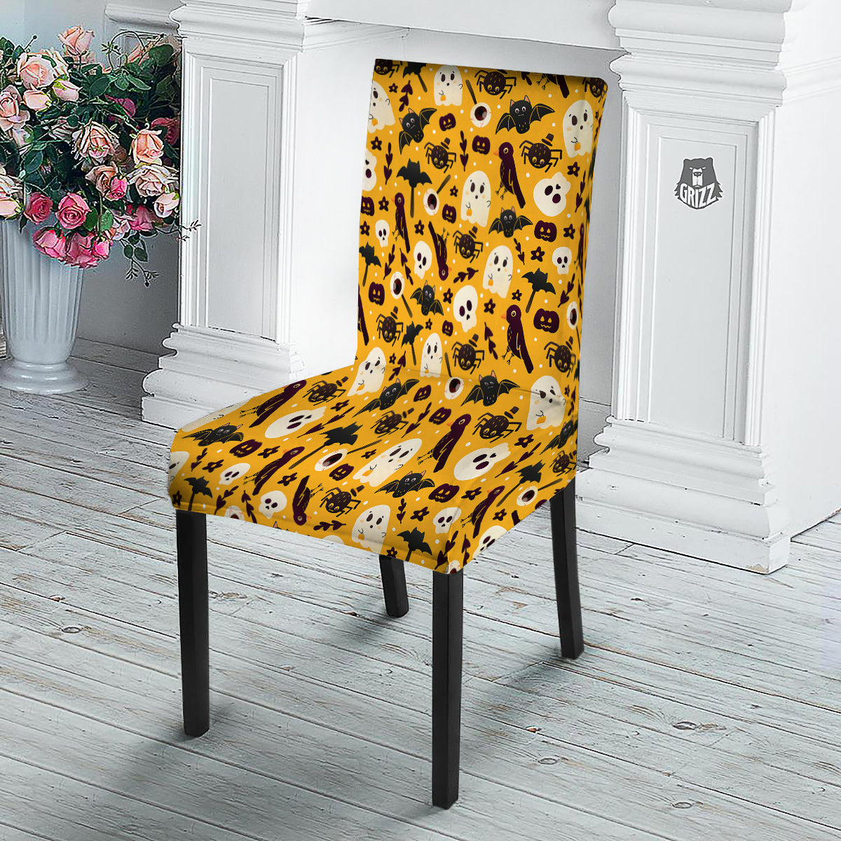 Orange Color Halloween Cute Print Pattern Dining Chair Slipcover