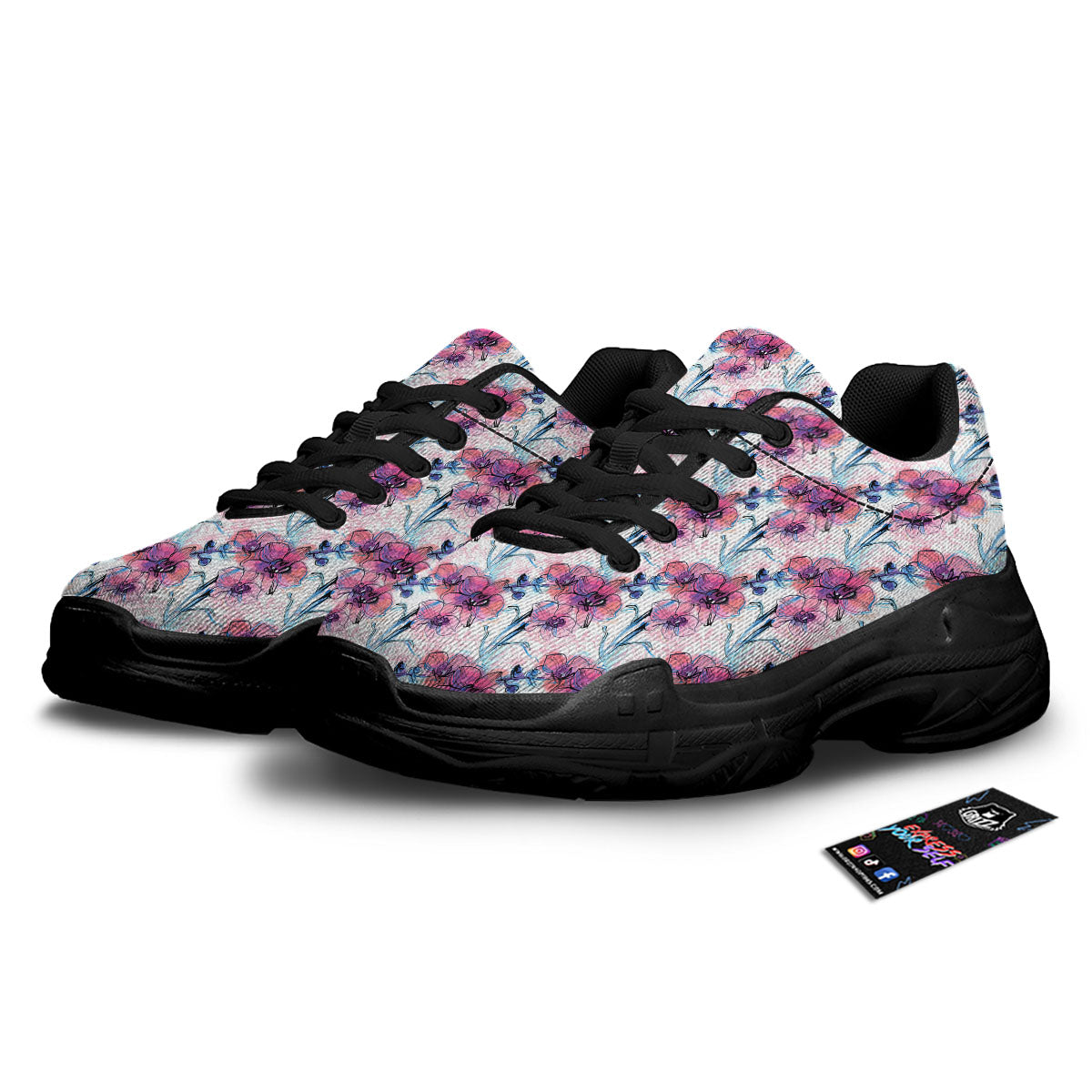 Orchid Drawing Print Pattern Black Chunky Shoes