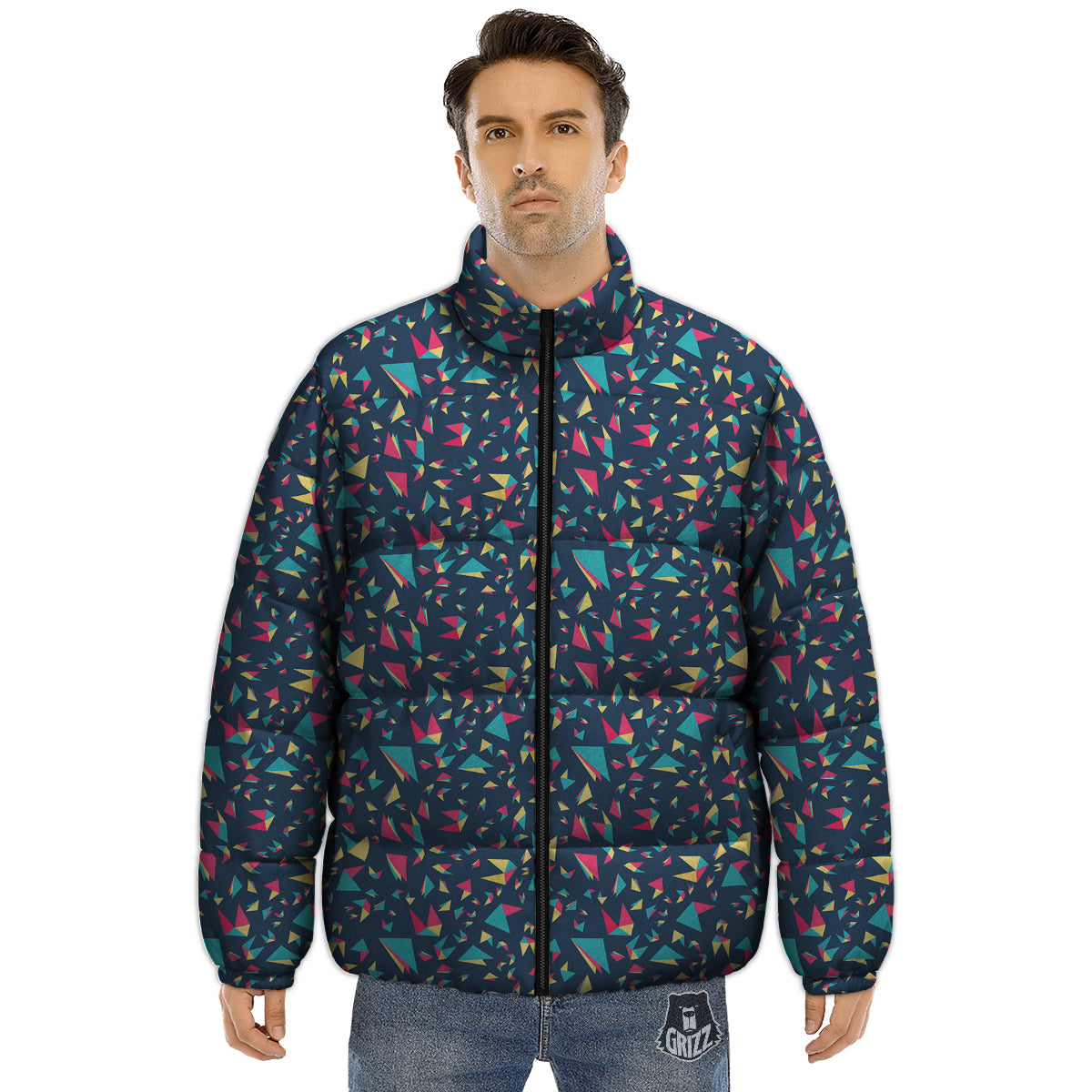 Origami Crane Colorful Print Pattern Puffer Jacket