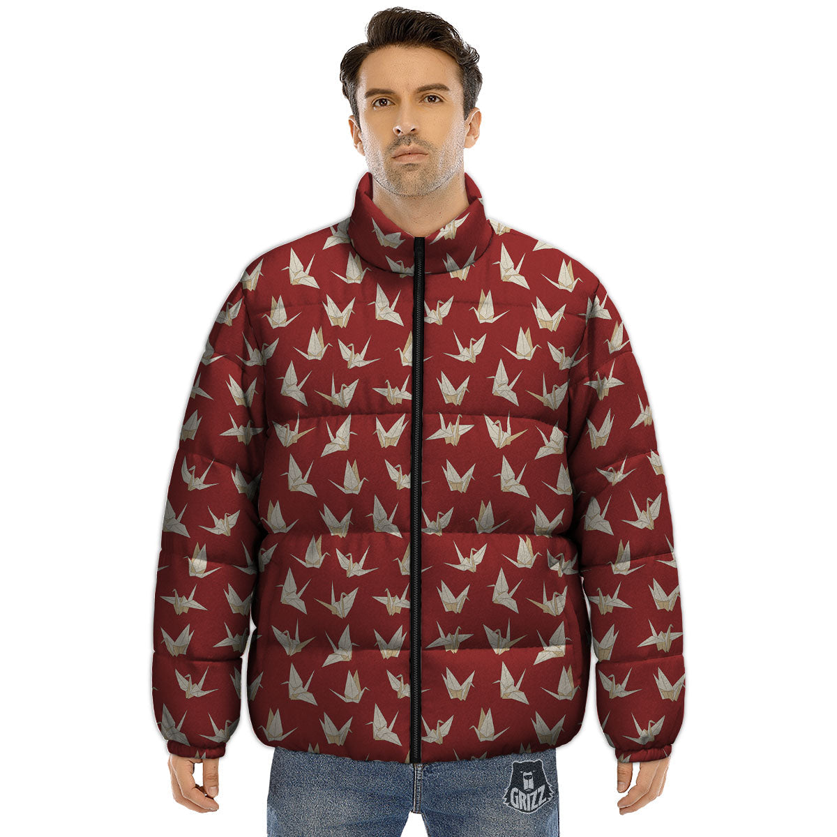 Origami Crane Japanese Print Pattern Puffer Jacket