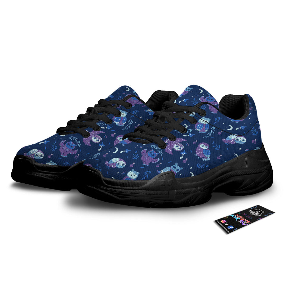 Owl Night Print Pattern Black Chunky Shoes
