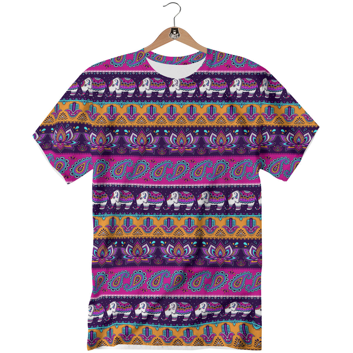 Paisley Elephant Hamsa Print Pattern T-Shirt