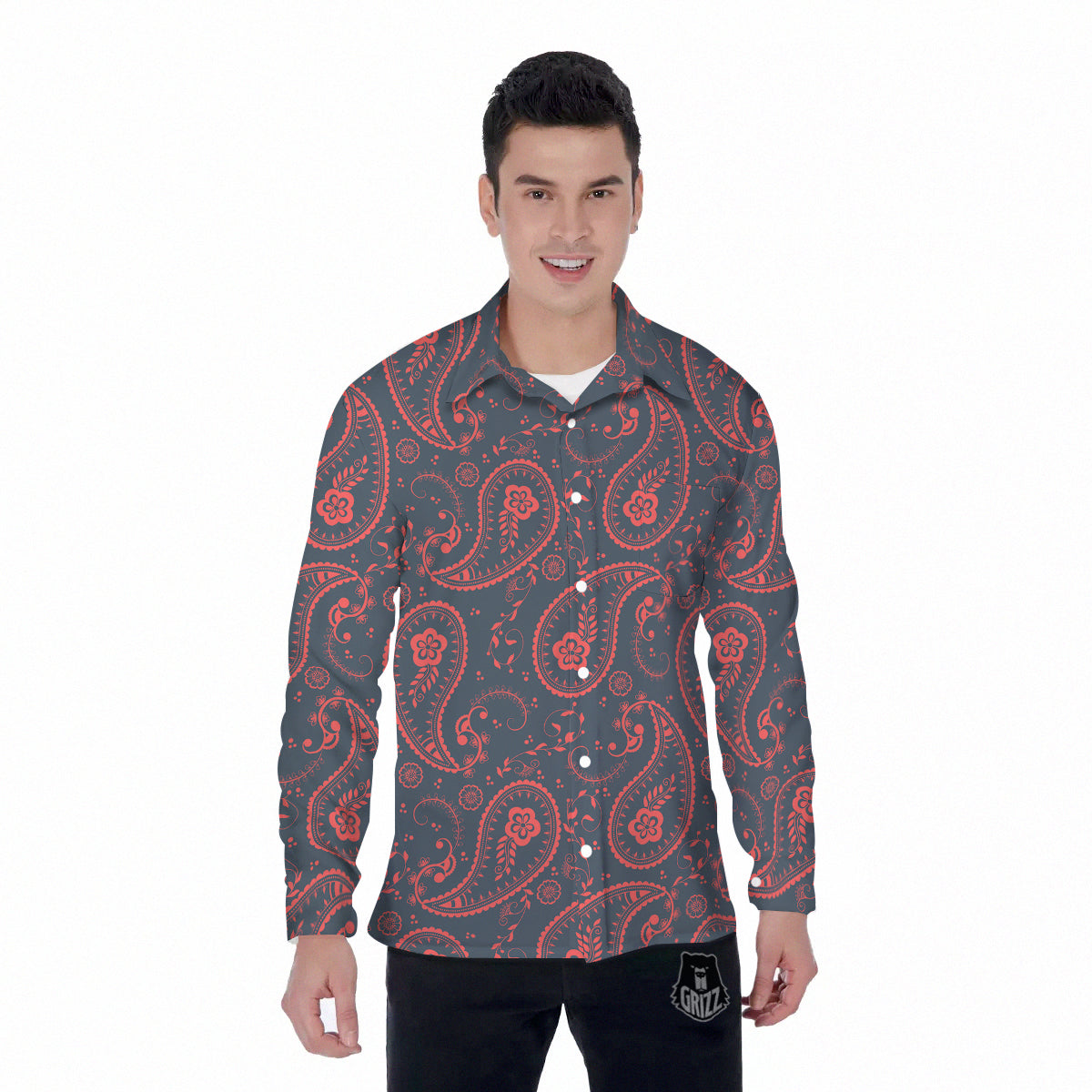 Paisley Red And Grey Print Pattern Men's Long Sleeve Shirts