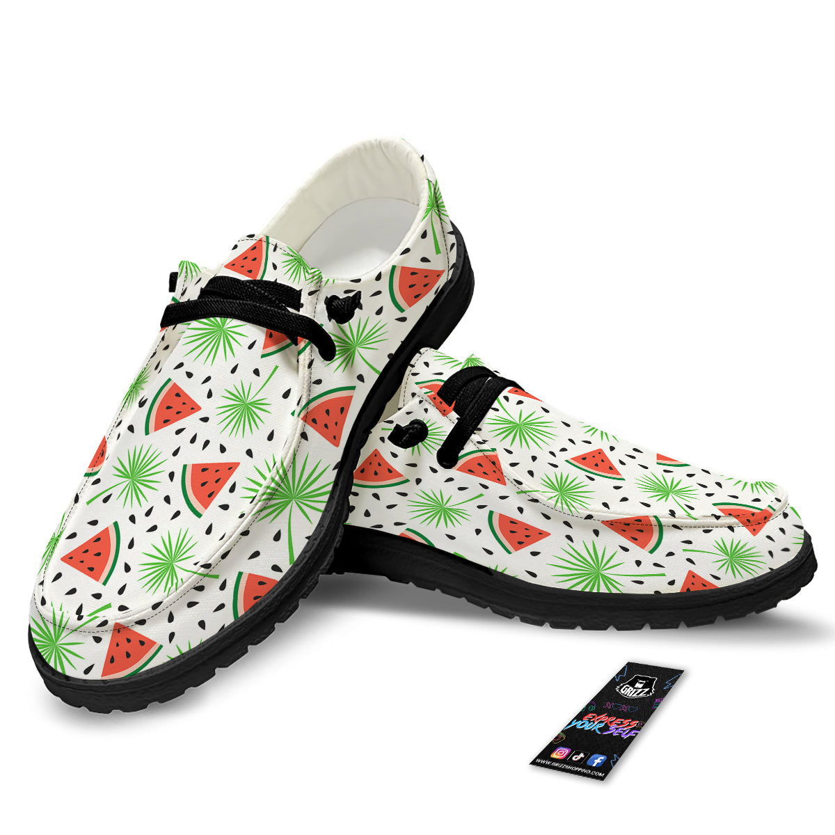 Palm Leaf Watermelon White Print Pattern Black Loafers