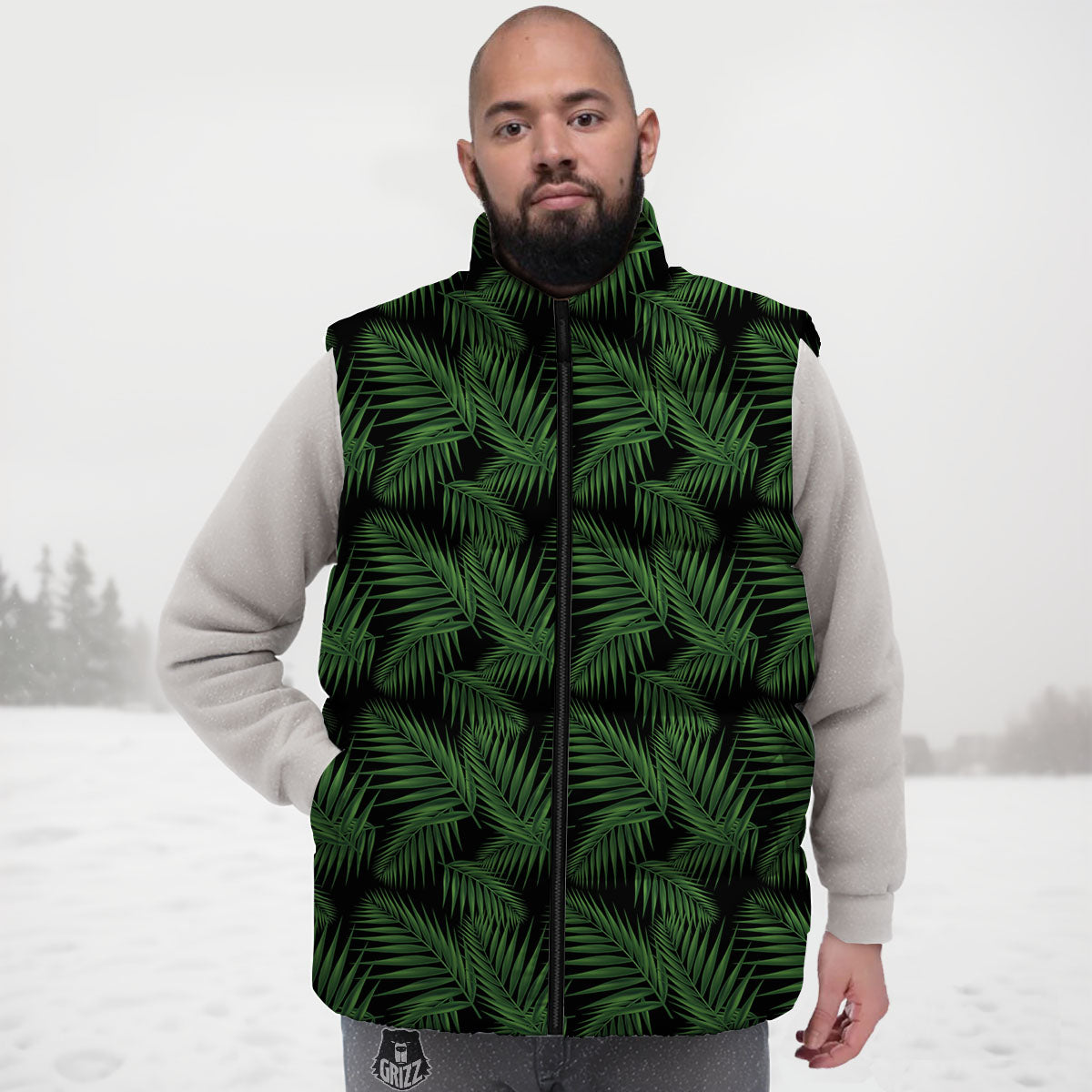 Palm Leave Night Tropical Print Pattern Down Vest