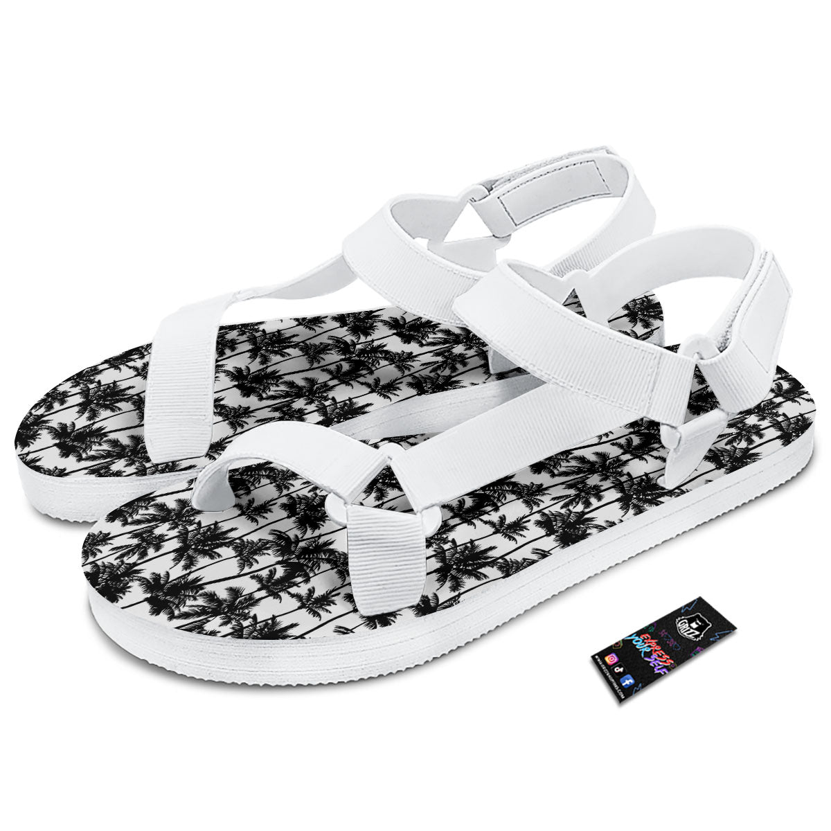 Palm Tree Black White Print Pattern White Open Toe Sandals
