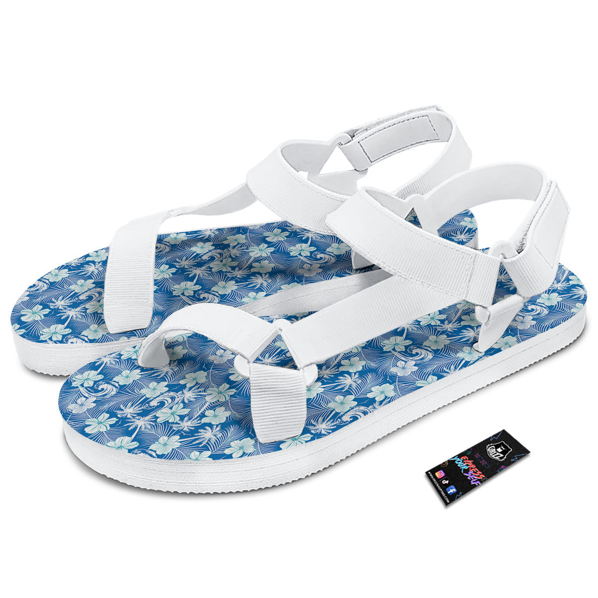 Palm Tree Blue Hibiscus Print Pattern White Open Toe Sandals