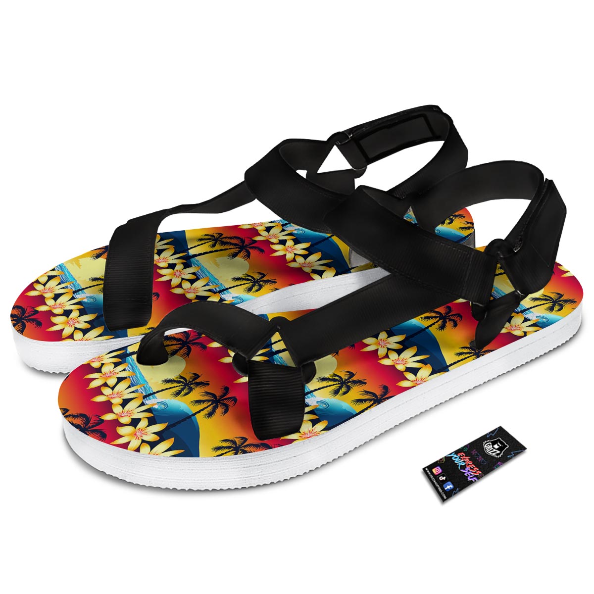 Palm Tree Sunset Hibiscus Print Pattern Black Open Toe Sandals