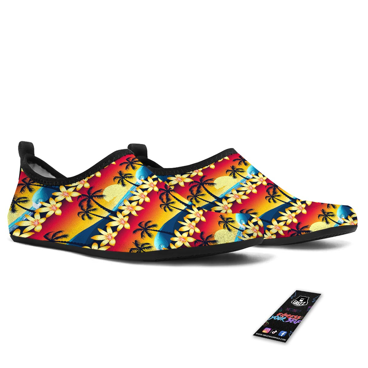 Palm Tree Sunset Hibiscus Print Pattern Water Shoes