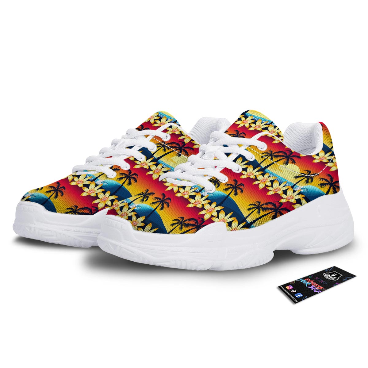 Palm Tree Sunset Hibiscus Print Pattern White Chunky Shoes