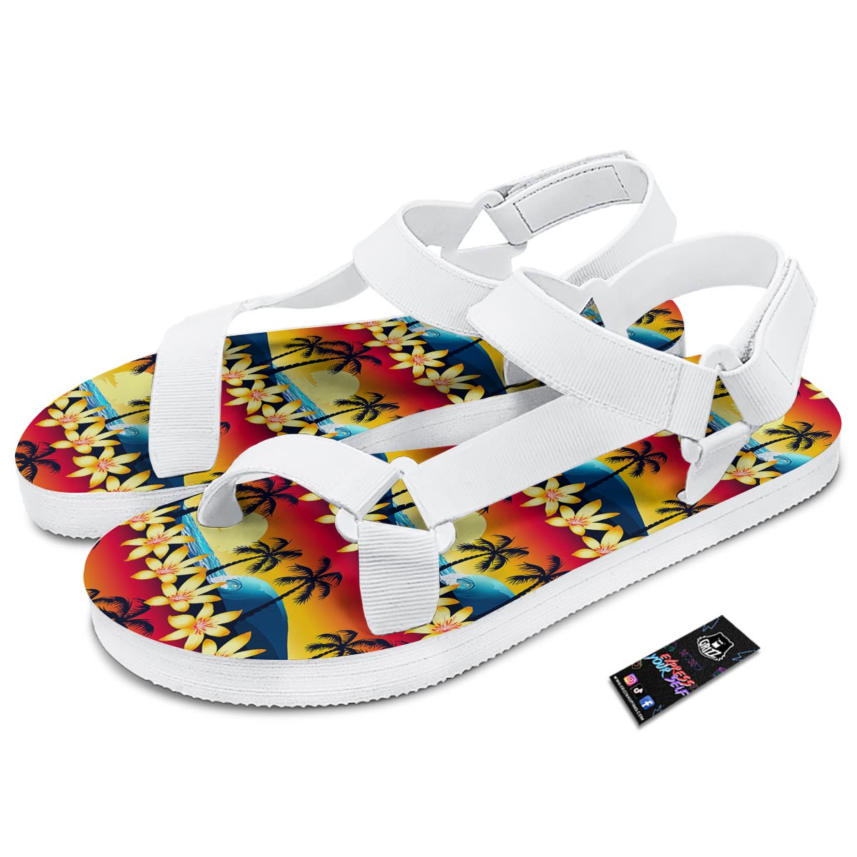 Palm Tree Sunset Hibiscus Print Pattern White Open Toe Sandals