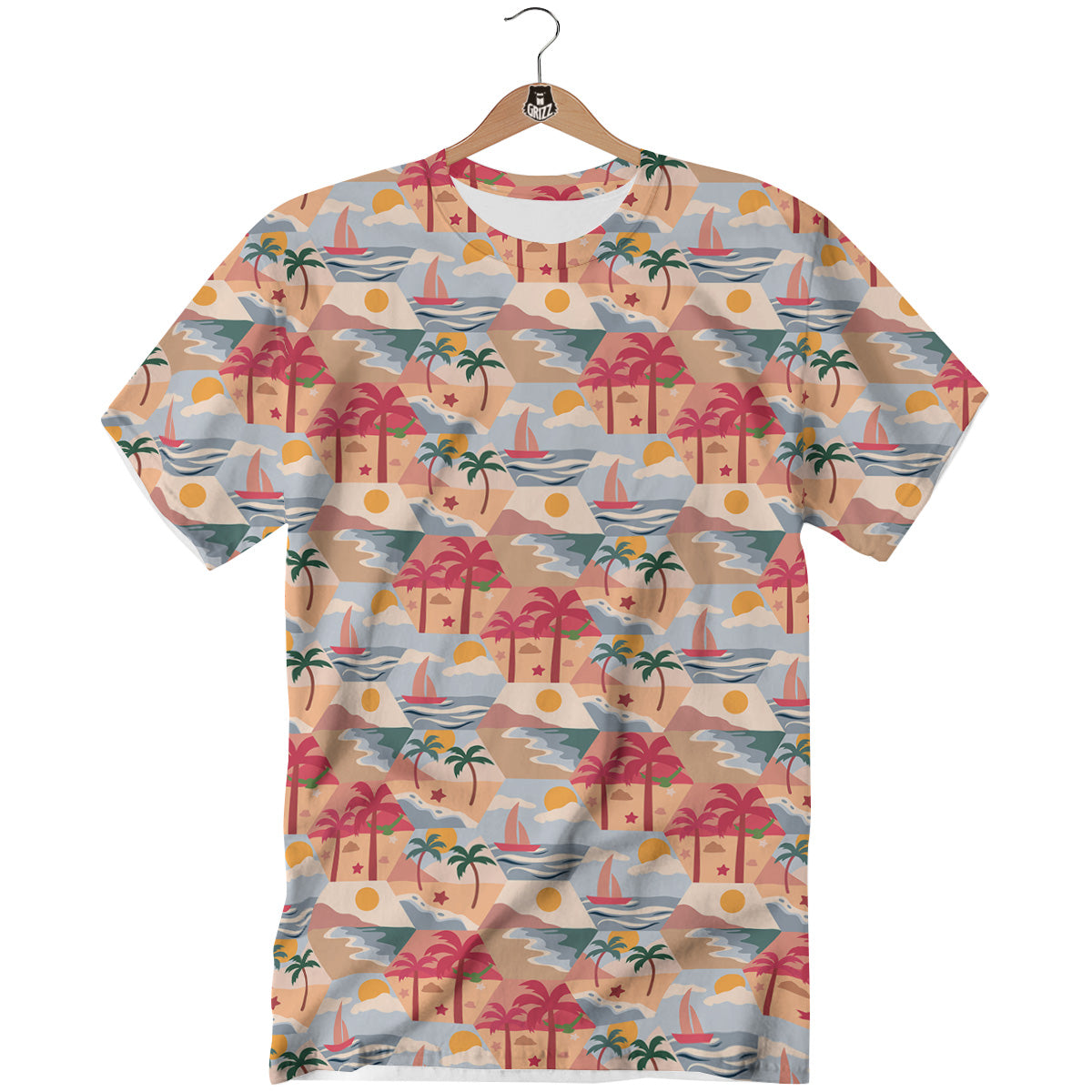Patchwork Beach And Sunset Sky Print Pattern T-Shirt