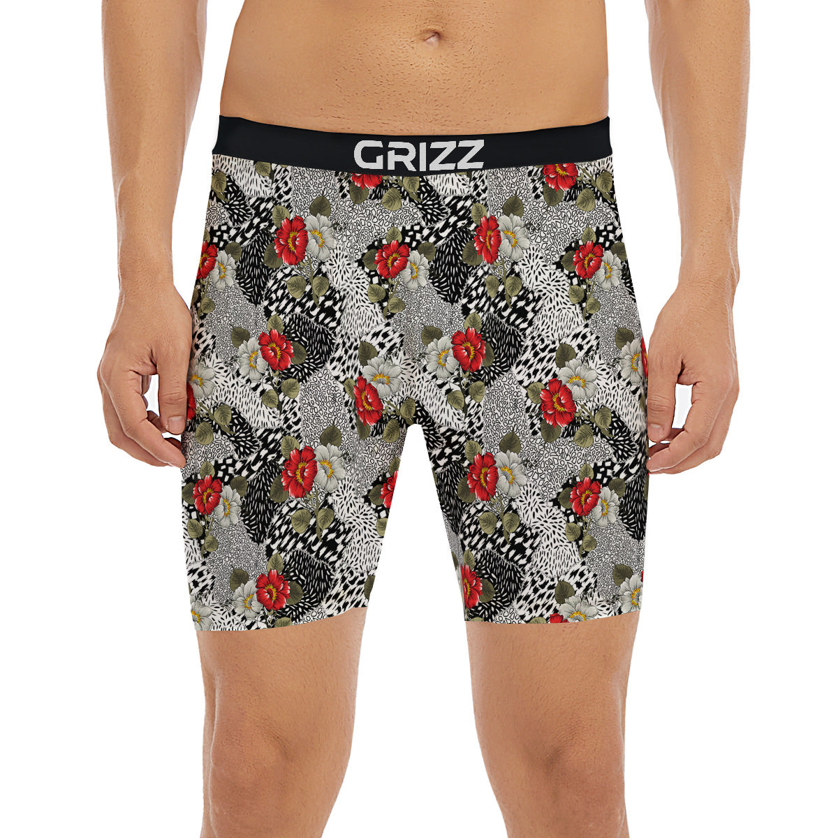 Patchwork Black White And Floral Print Pattern Boxer Briefs