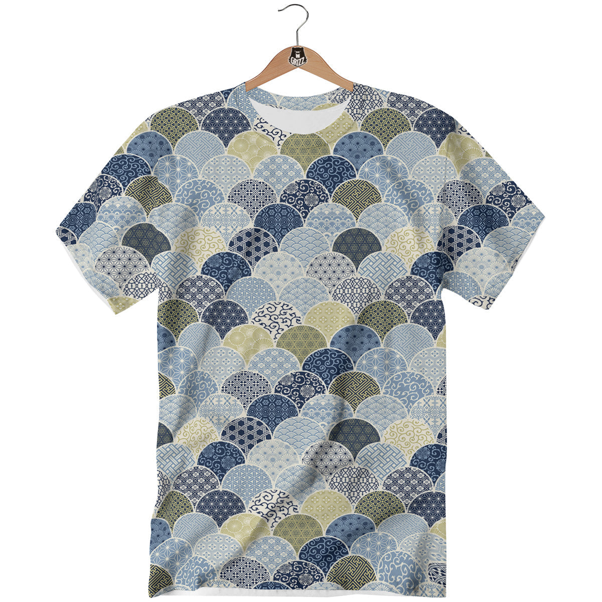 Patchwork Blue Traditional Japanese Print Pattern T-Shirt