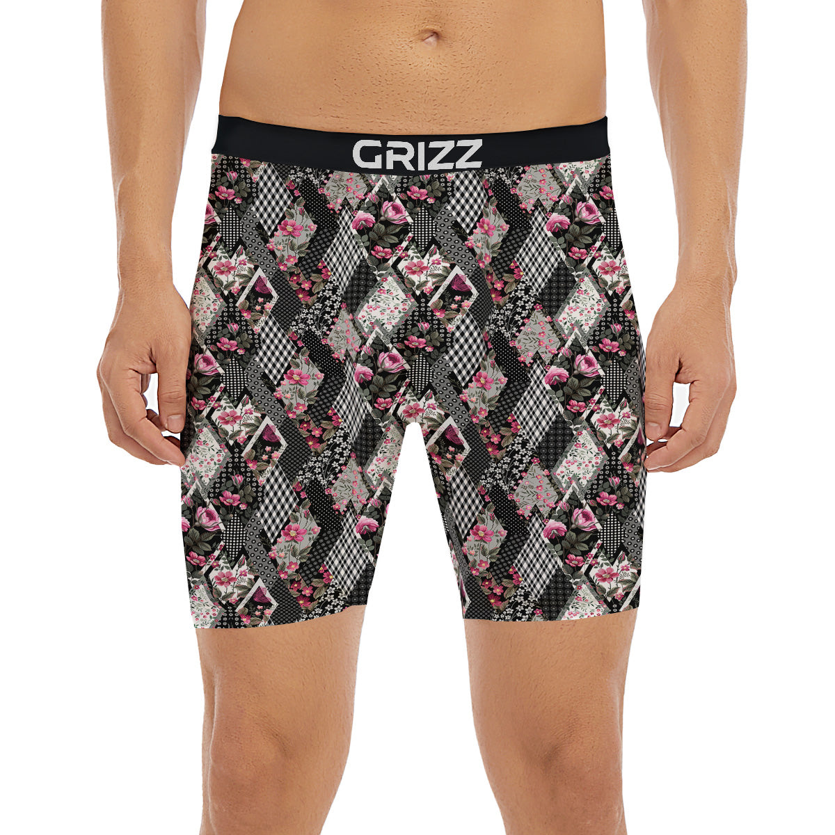Patchwork Floral Black Pink Print Pattern Boxer Briefs