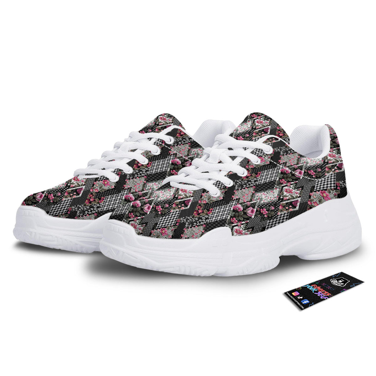Patchwork Floral Black Pink Print Pattern White Chunky Shoes