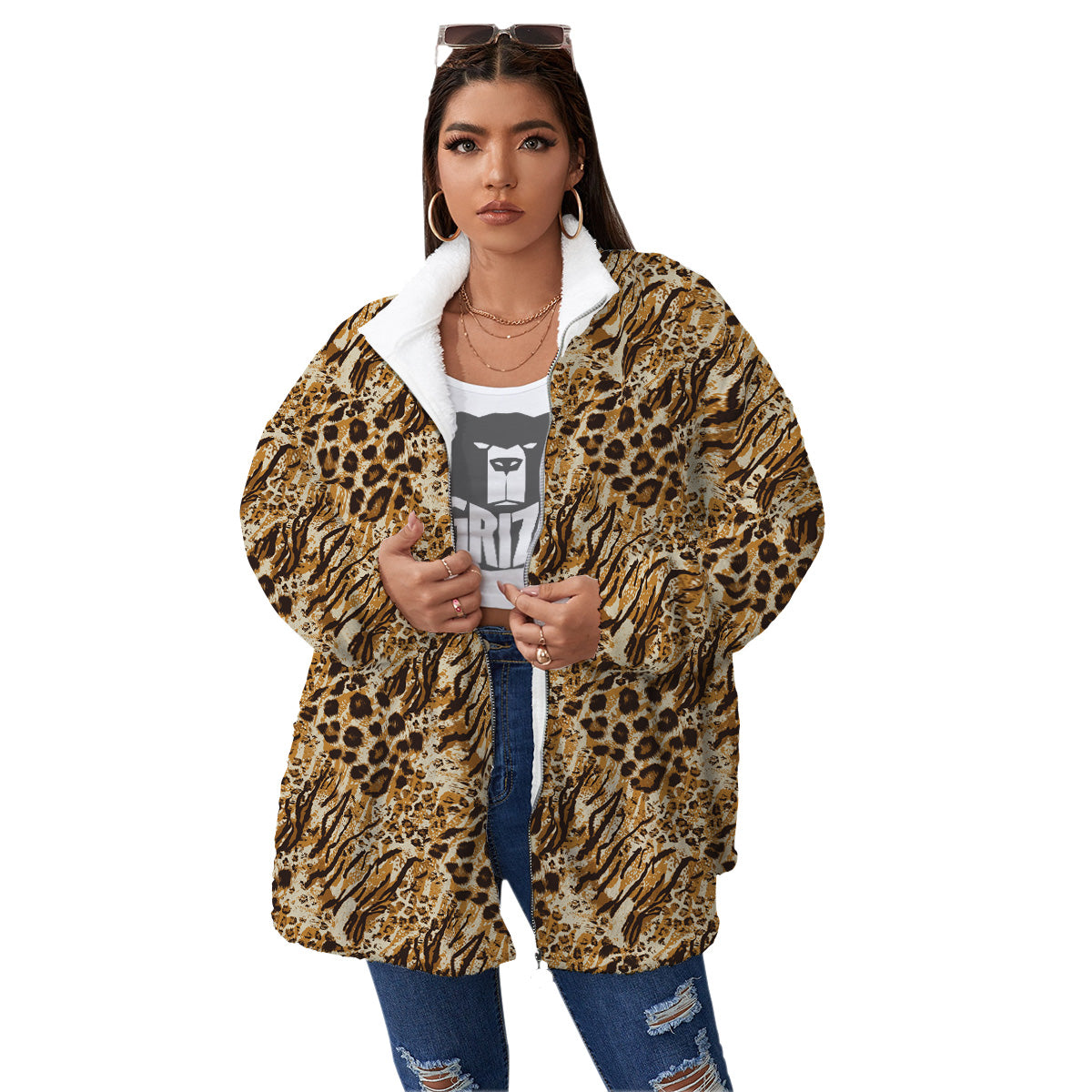 Patchwork Tiger Skin Print Pattern Women's Sherpa Jacket