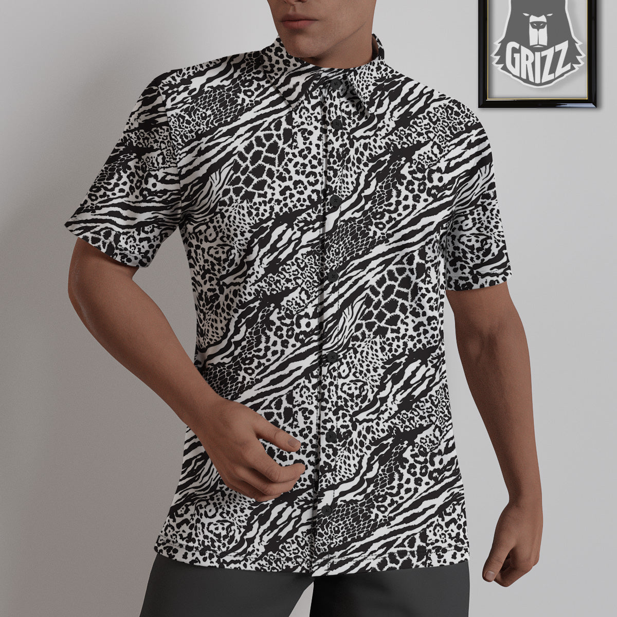 Patchwork White Black Animal Skins Print Pattern Untucked Shirts