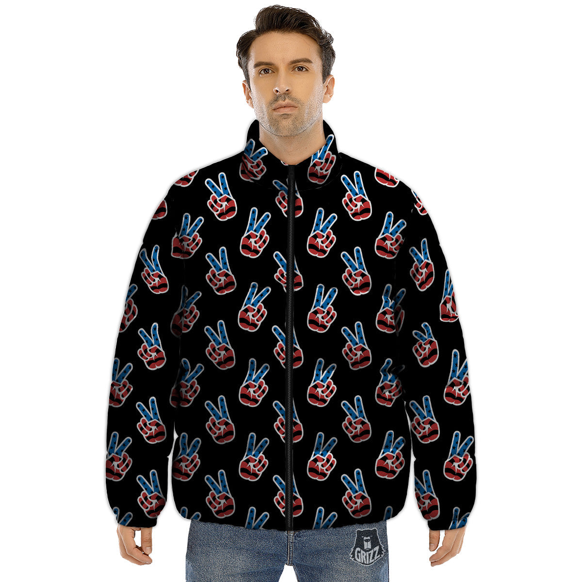 Peace Sign American Patriotic Print Pattern Puffer Jacket