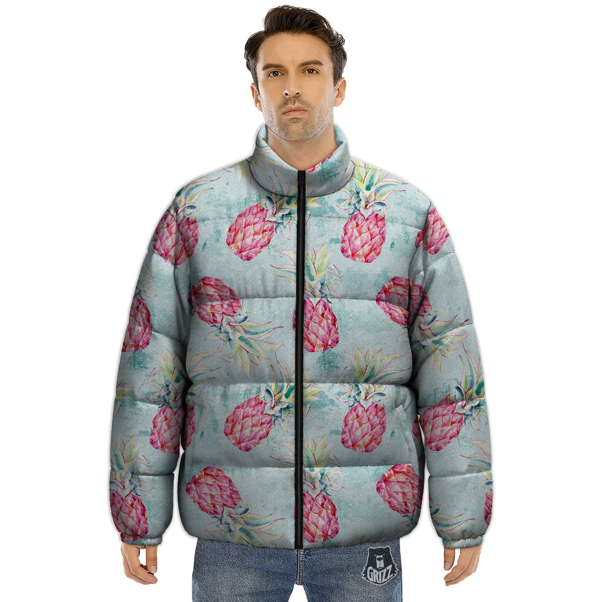 Pineapple Pink Watercolor Print Pattern Puffer Jacket