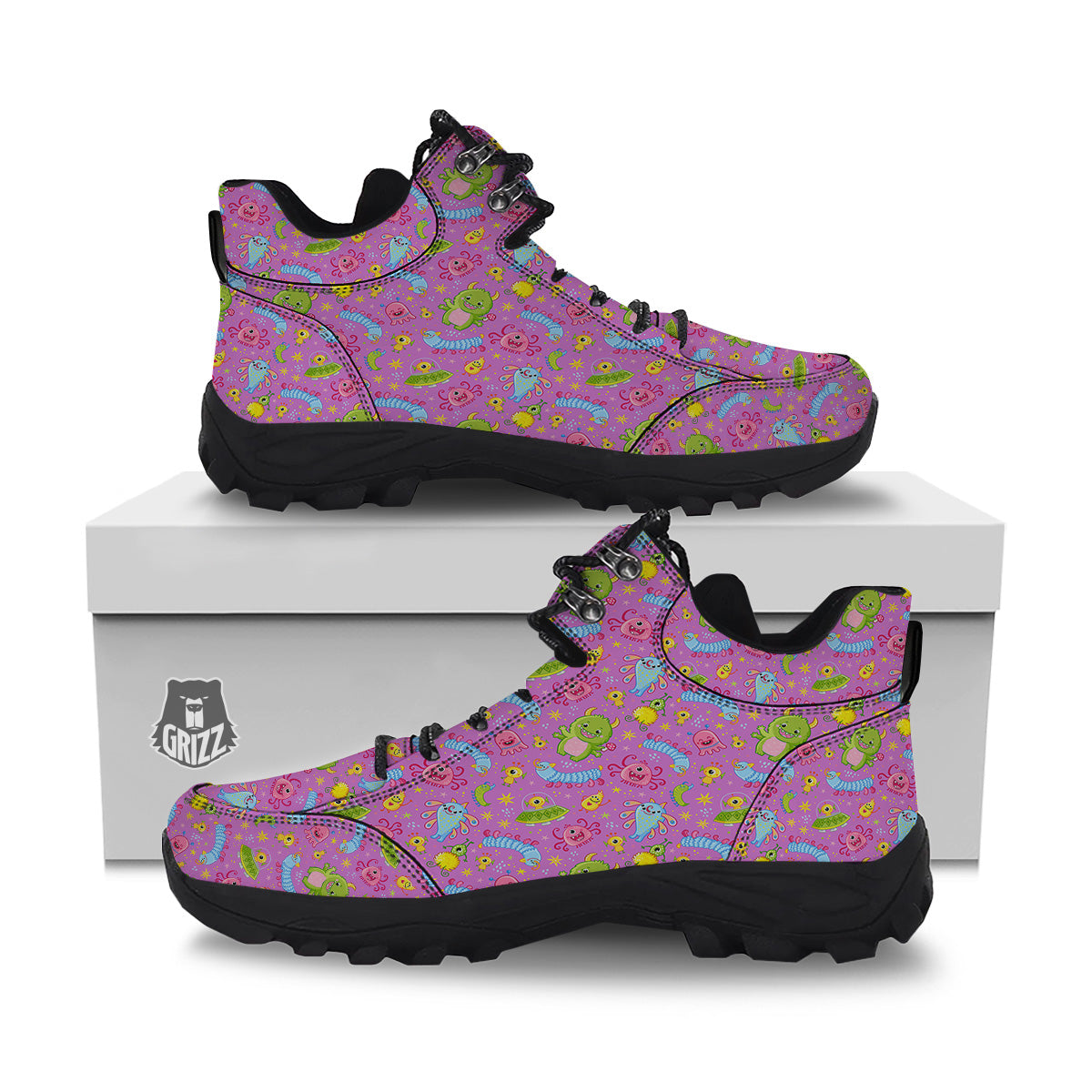 Pink Alien And Cute Monsters Print Pattern Hiking Shoes