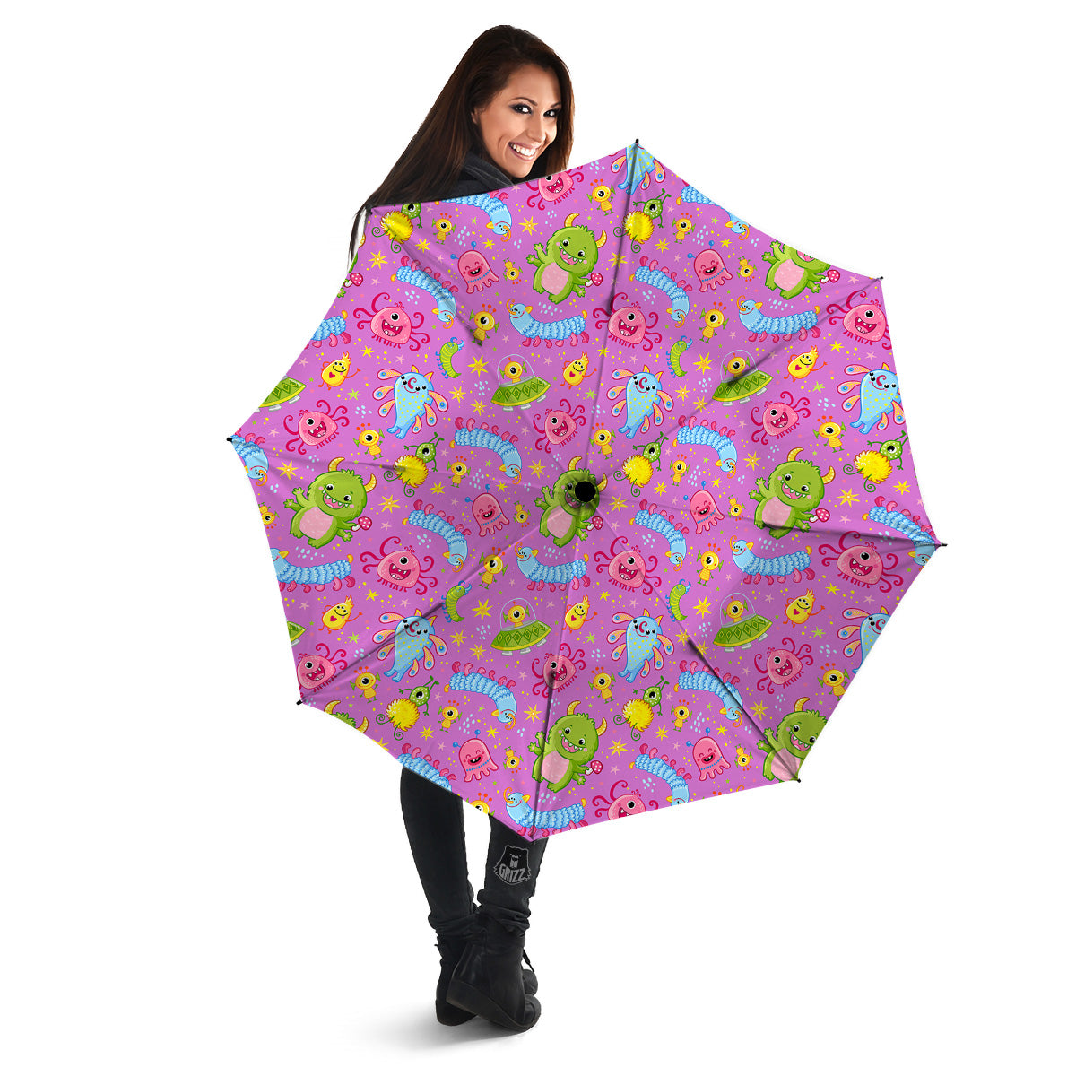 Pink Alien And Cute Monsters Print Pattern Umbrella