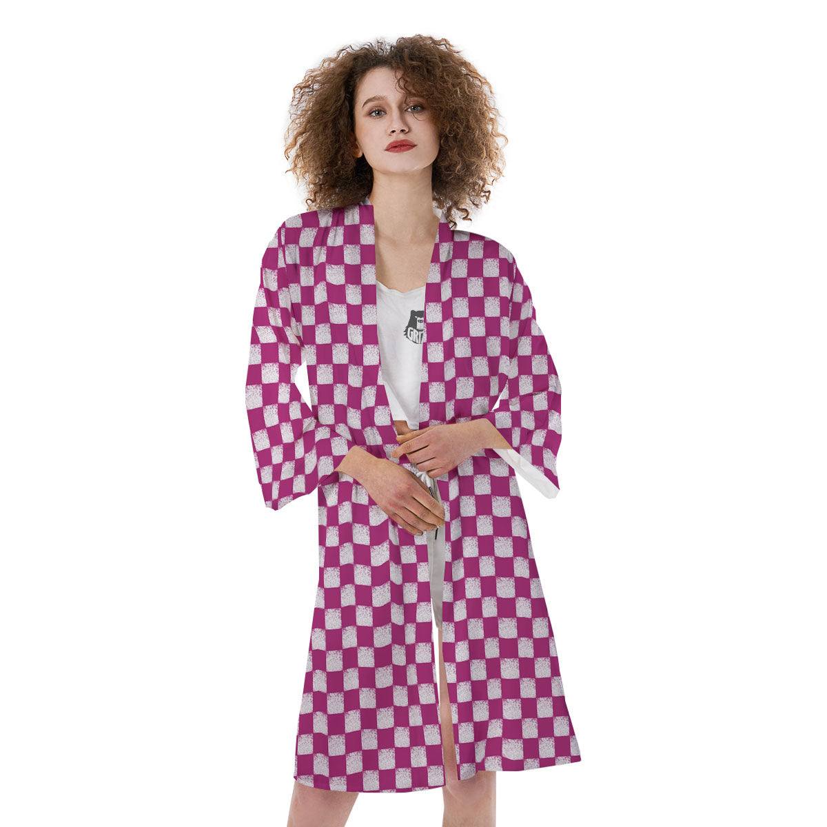 Pink And White Checkered Print Pattern Kimono