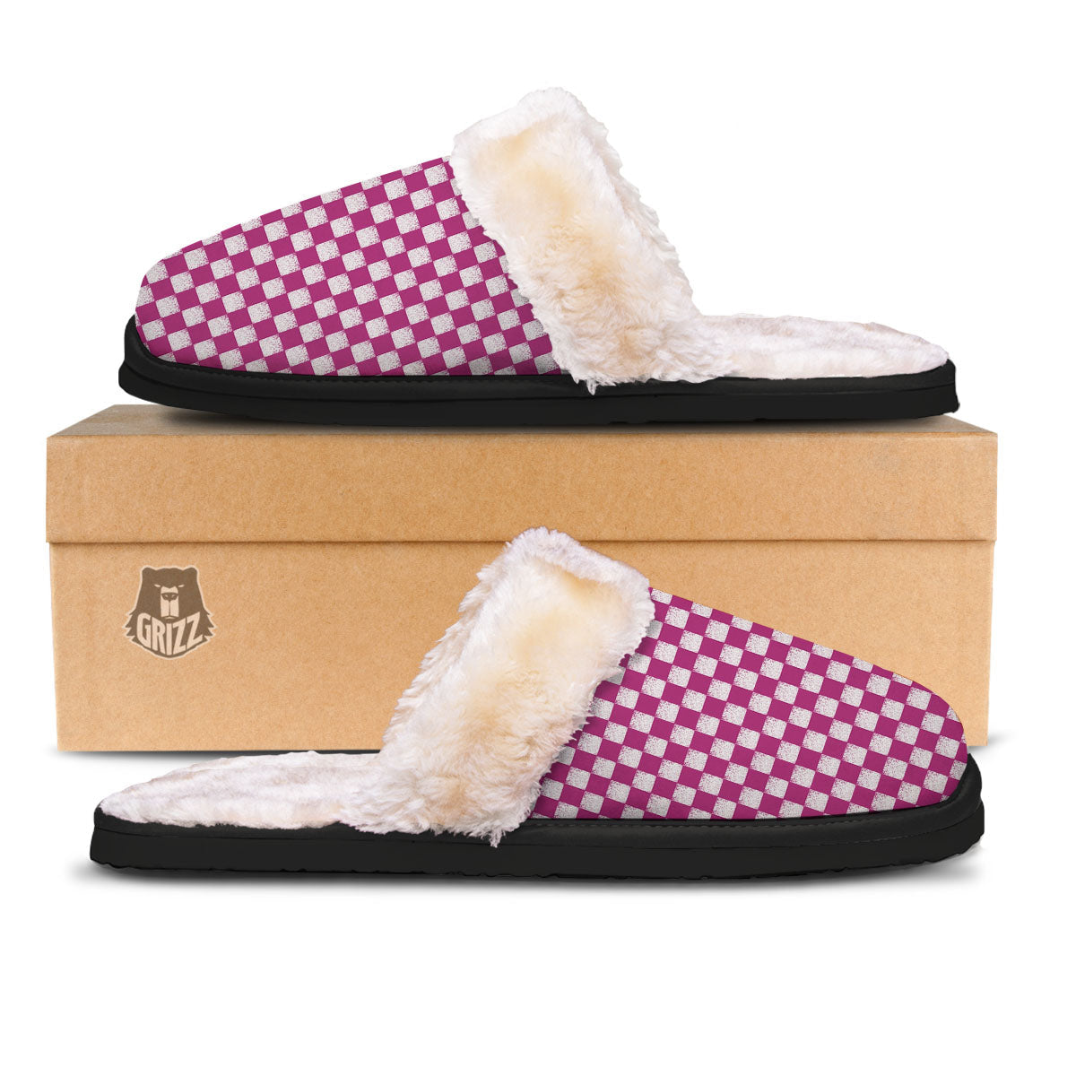 Pink And White Checkered Print Pattern Slippers