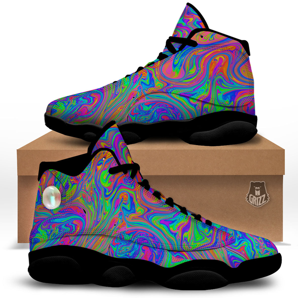 Pink Psychedelic Trippy Neon Green Print Black Basketball Shoes