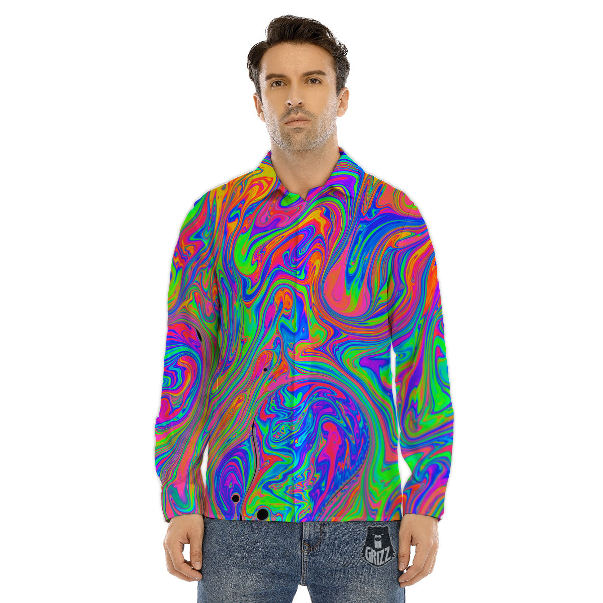 Pink Psychedelic Trippy Neon Green Print Men's Dress Shirts