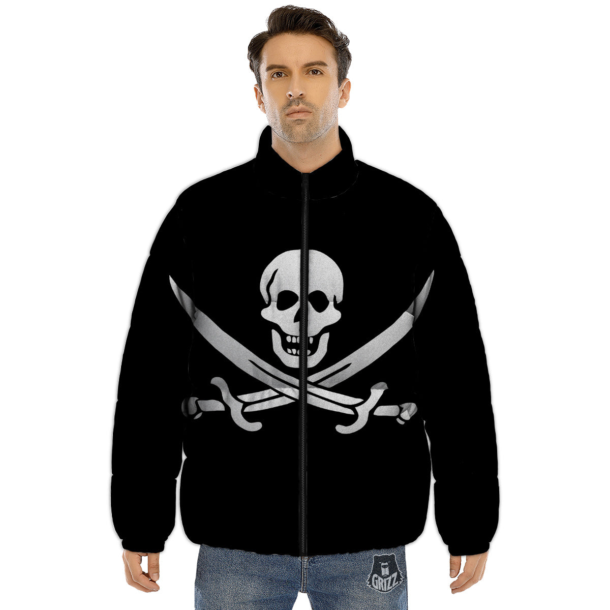 Pirate Flag Calico Jack Print Puffer Jacket