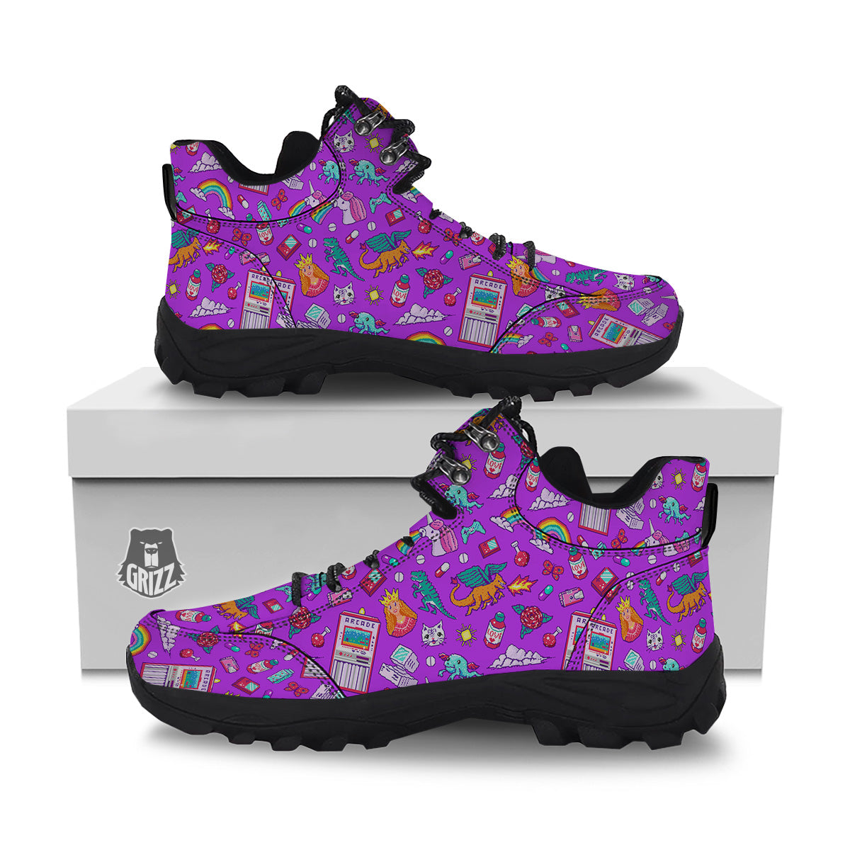 Pixel Art 8 Bit Pink Print Pattern Hiking Shoes