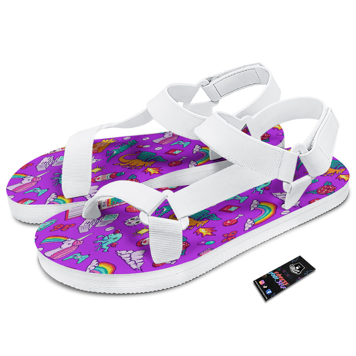 Pixel Art 8 Bit Pink Print Pattern White Open Toe Sandals