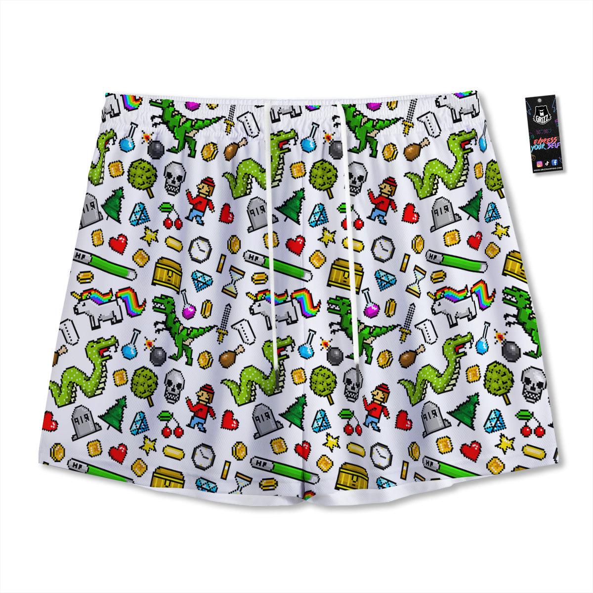 Pixel Art 8 Bit Retro Cartoon Print Pattern Mesh Shorts