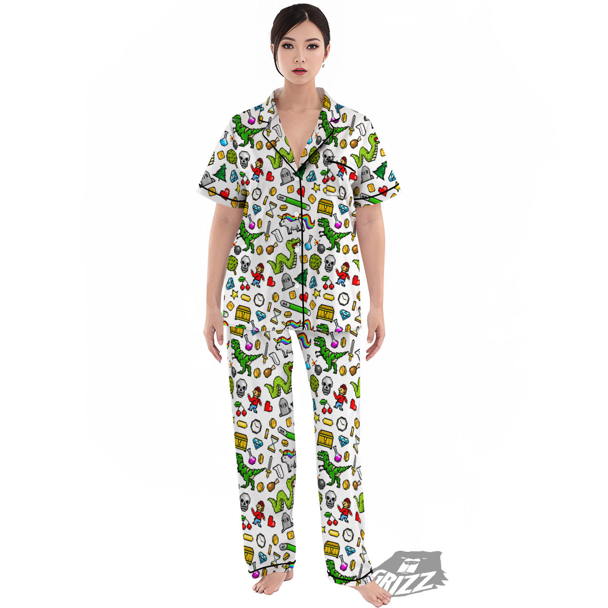 Pixel Art 8 Bit Retro Cartoon Print Pattern Women's Pajamas Set