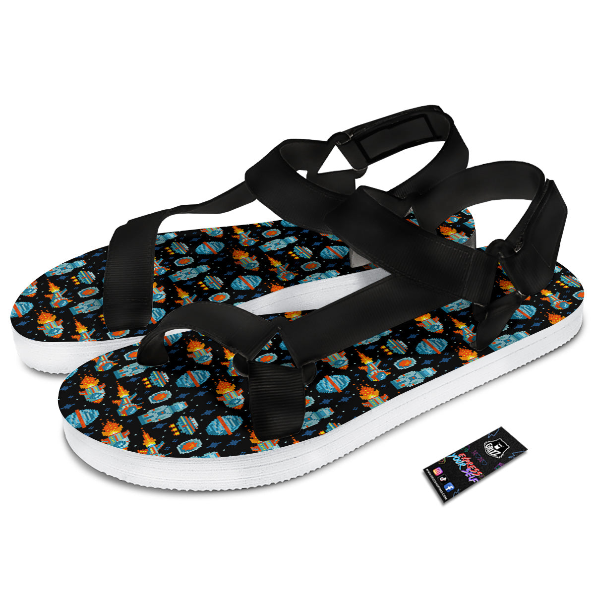 Pixel Art Space 8 Bit Print Pattern Black Open Toe Sandals