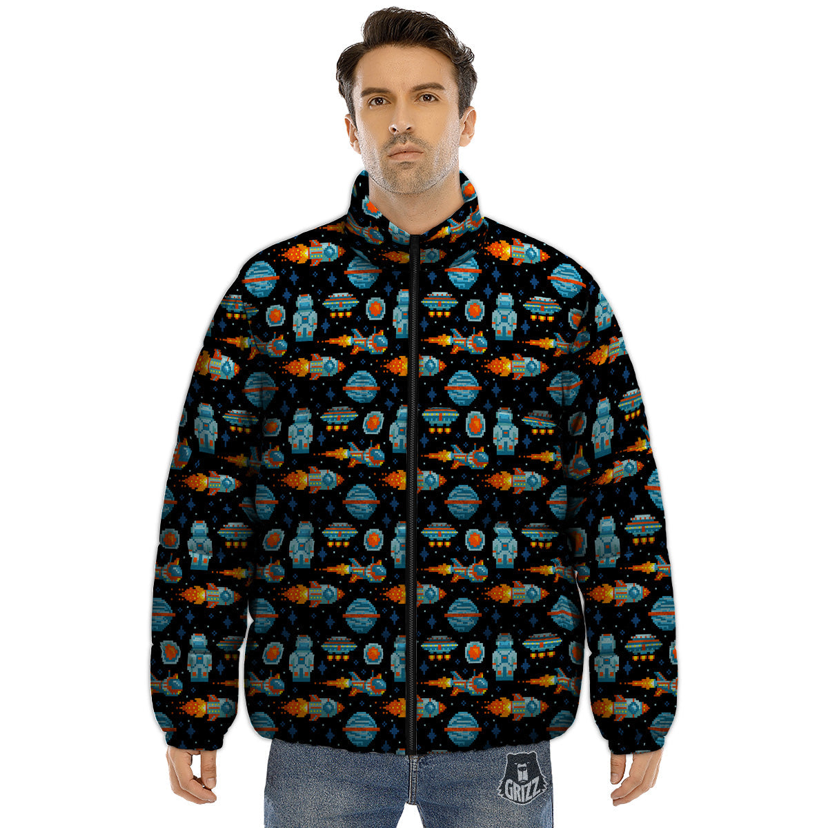 Pixel Art Space 8 Bit Print Pattern Puffer Jacket