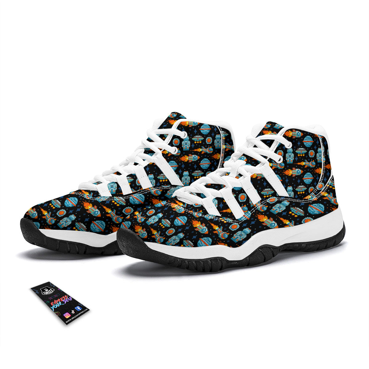 Pixel Art Space 8 Bit Print Pattern White Bball Shoes