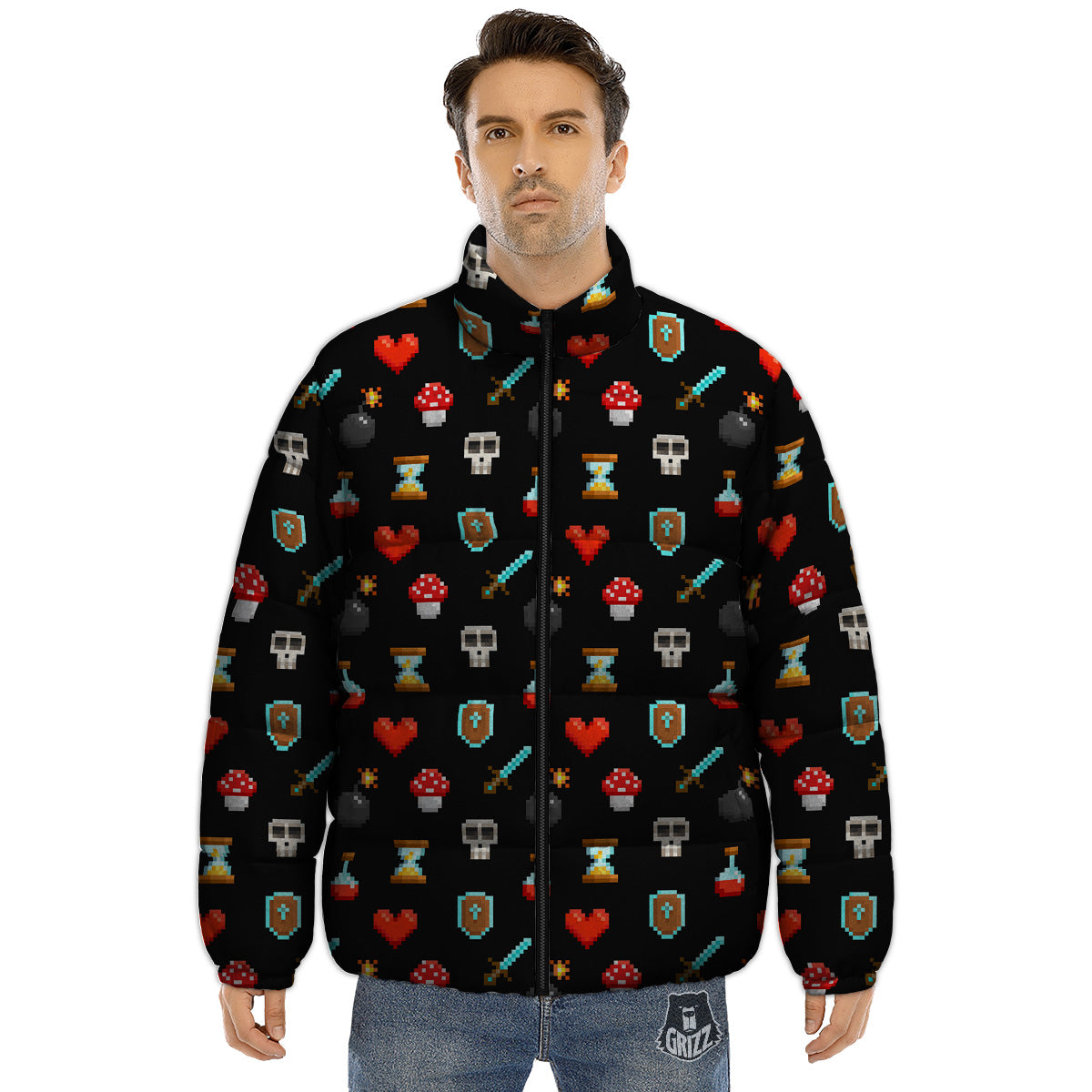 Pixel Graphics Game Icons Print Pattern Puffer Jacket