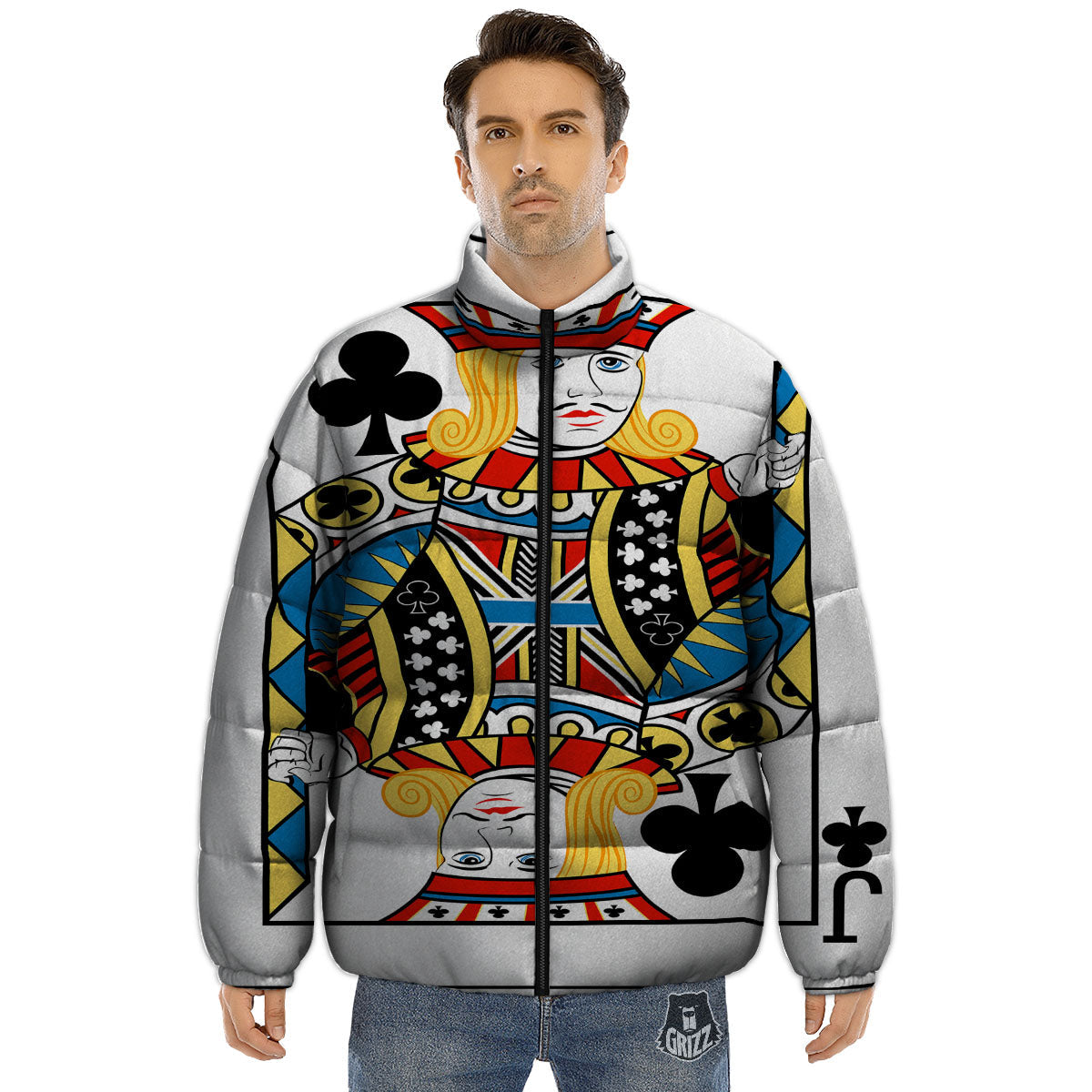 Playing Card Jack Of Clubs Print Puffer Jacket
