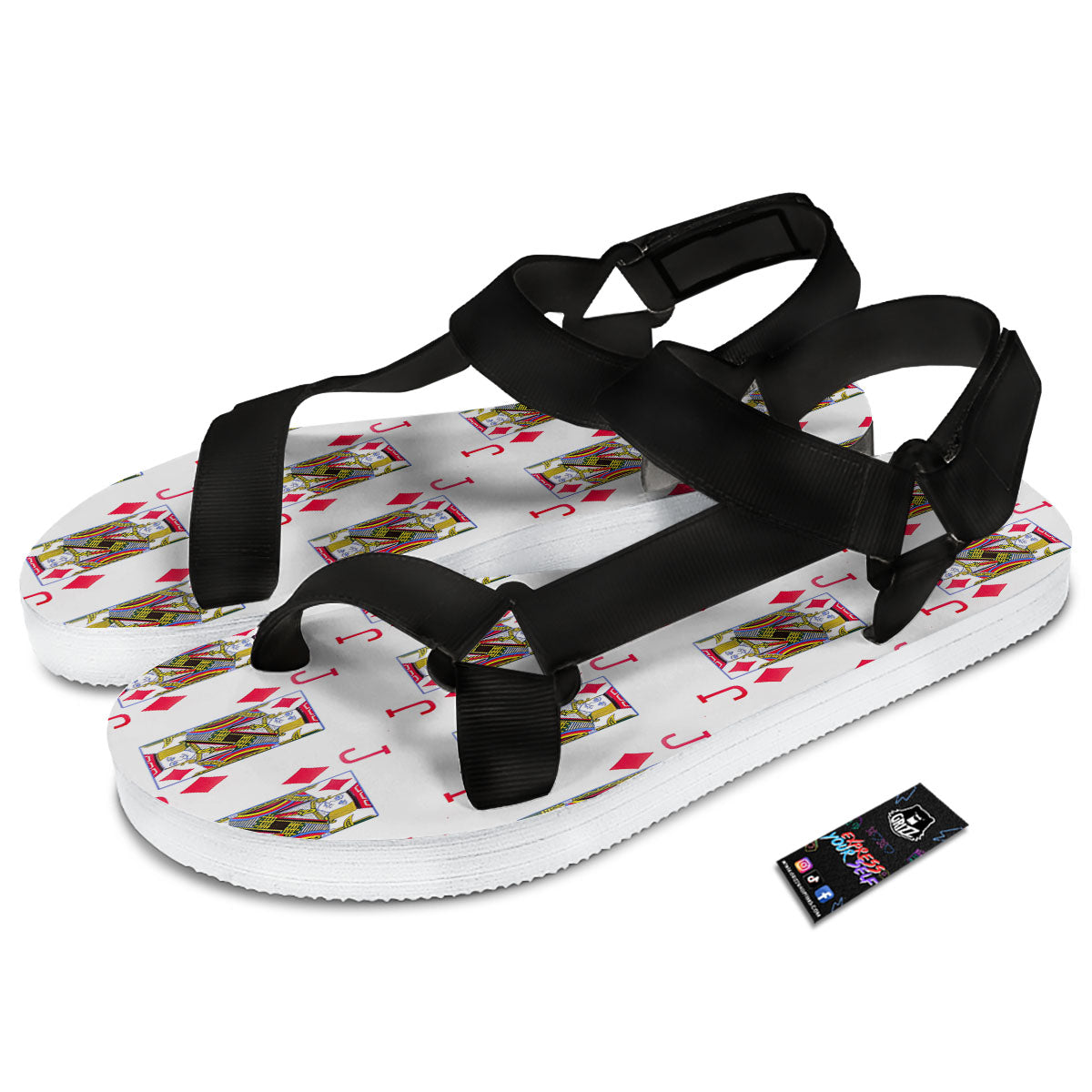 Playing Card Jack Of Diamonds Print Pattern Black Open Toe Sandals