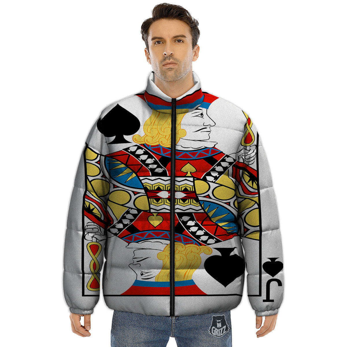 Playing Card Jack Of Spades Print Puffer Jacket