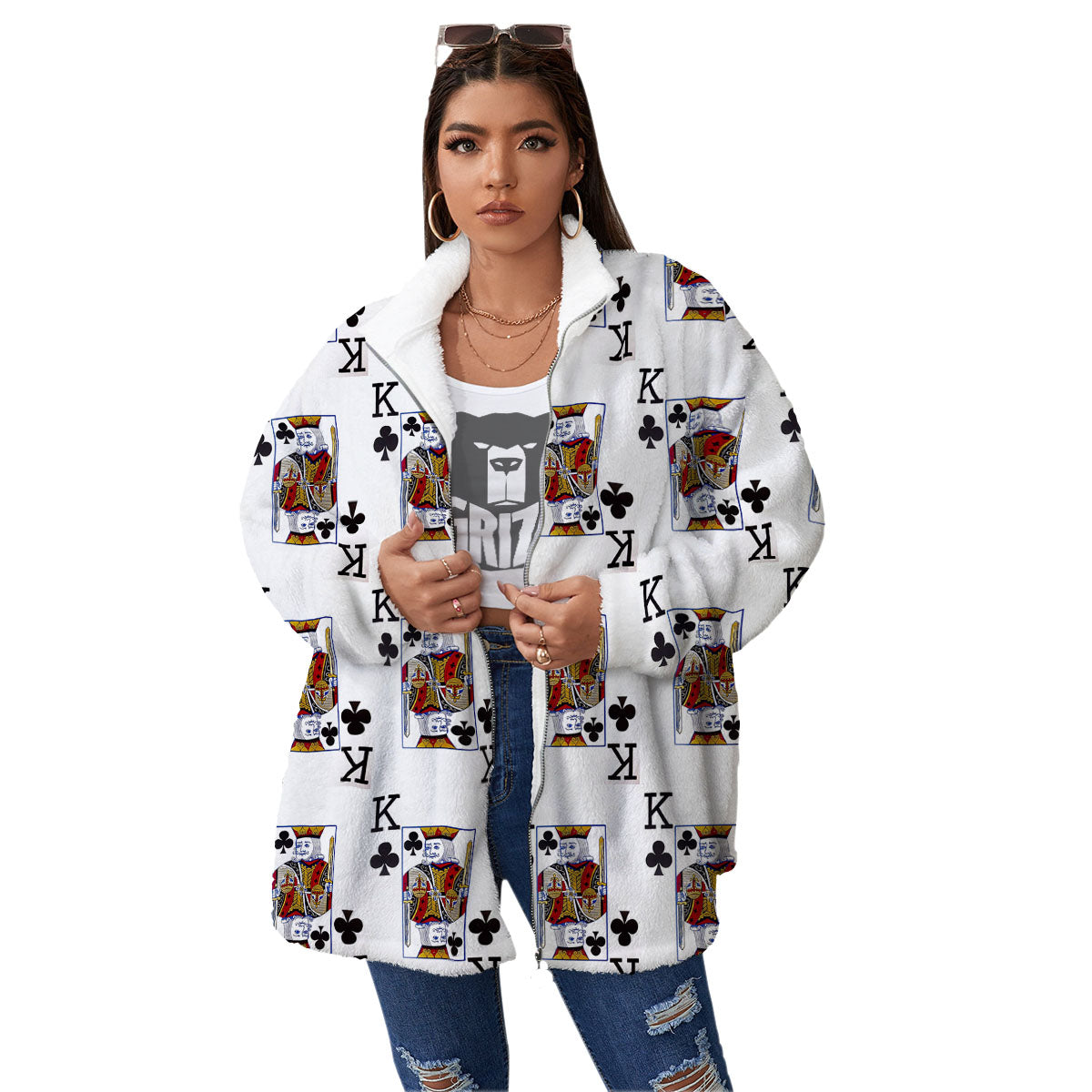Playing Card King Of Clubs Print Pattern Women's Sherpa Jacket