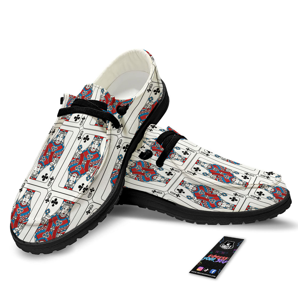 Playing Card Queen Of Clubs Print Pattern Black Loafers