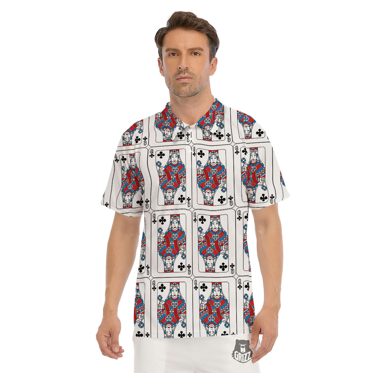 Playing Card Queen Of Clubs Print Pattern Men's Golf Shirts