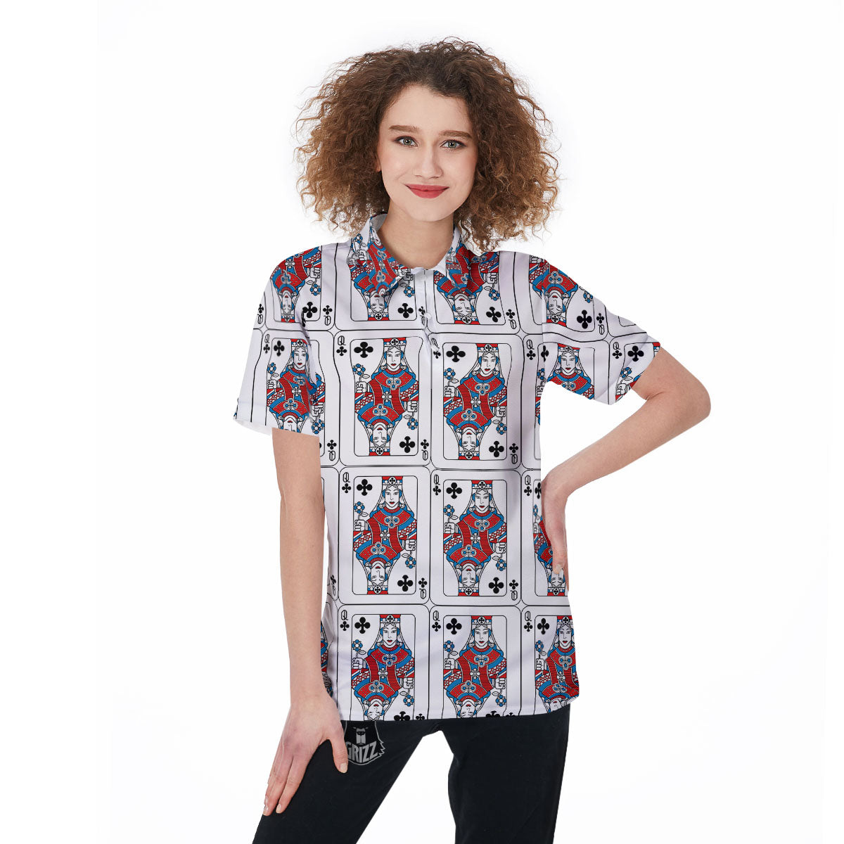Playing Card Queen Of Clubs Print Pattern Women's Golf Shirts
