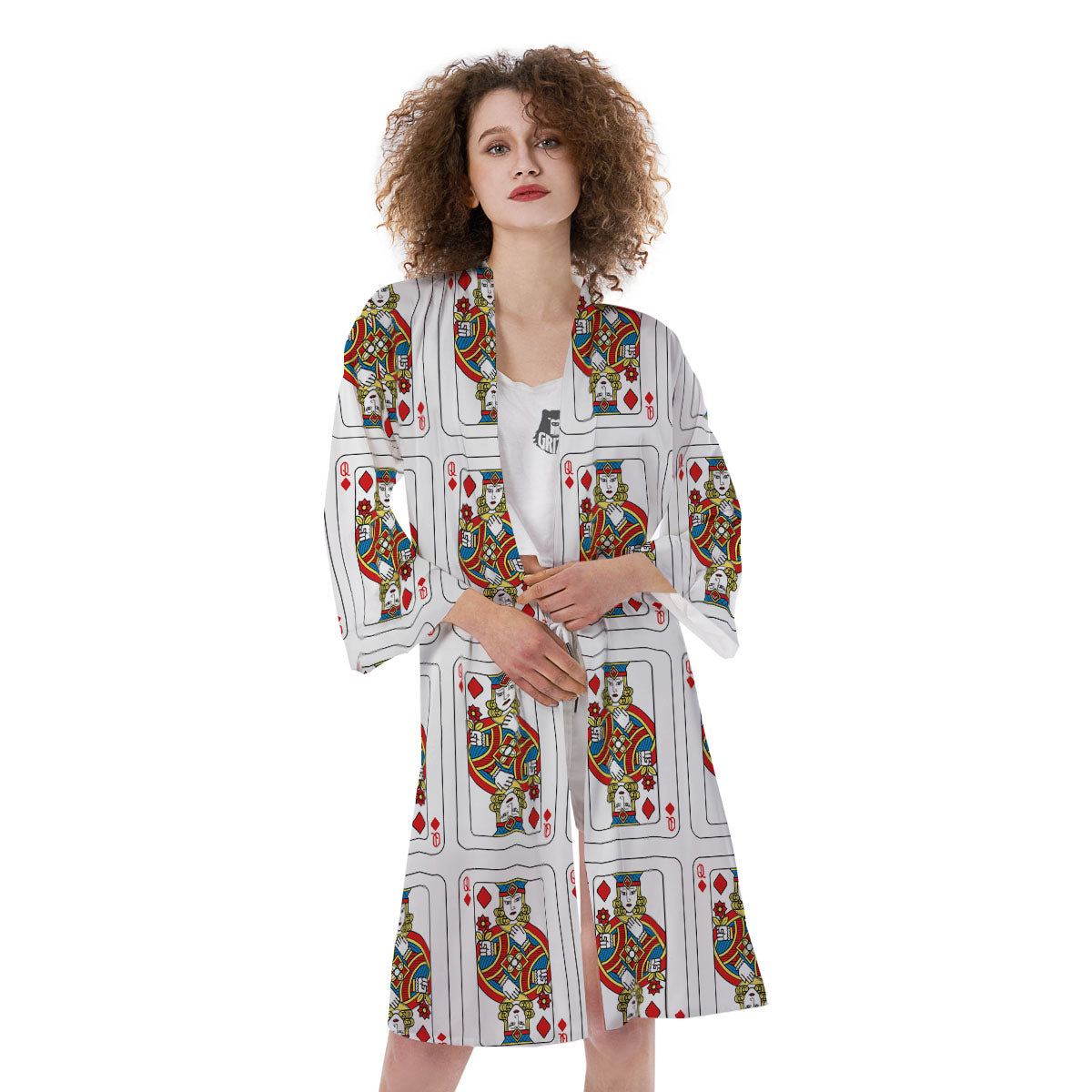 Playing Card Queen Of Diamonds Print Pattern Kimono