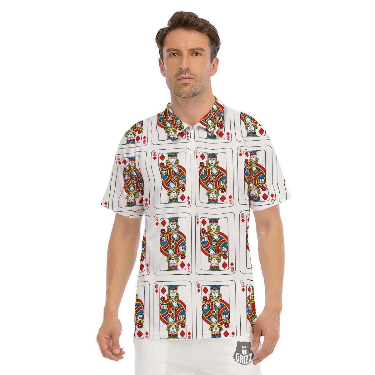 Playing Card Queen Of Diamonds Print Pattern Men's Golf Shirts