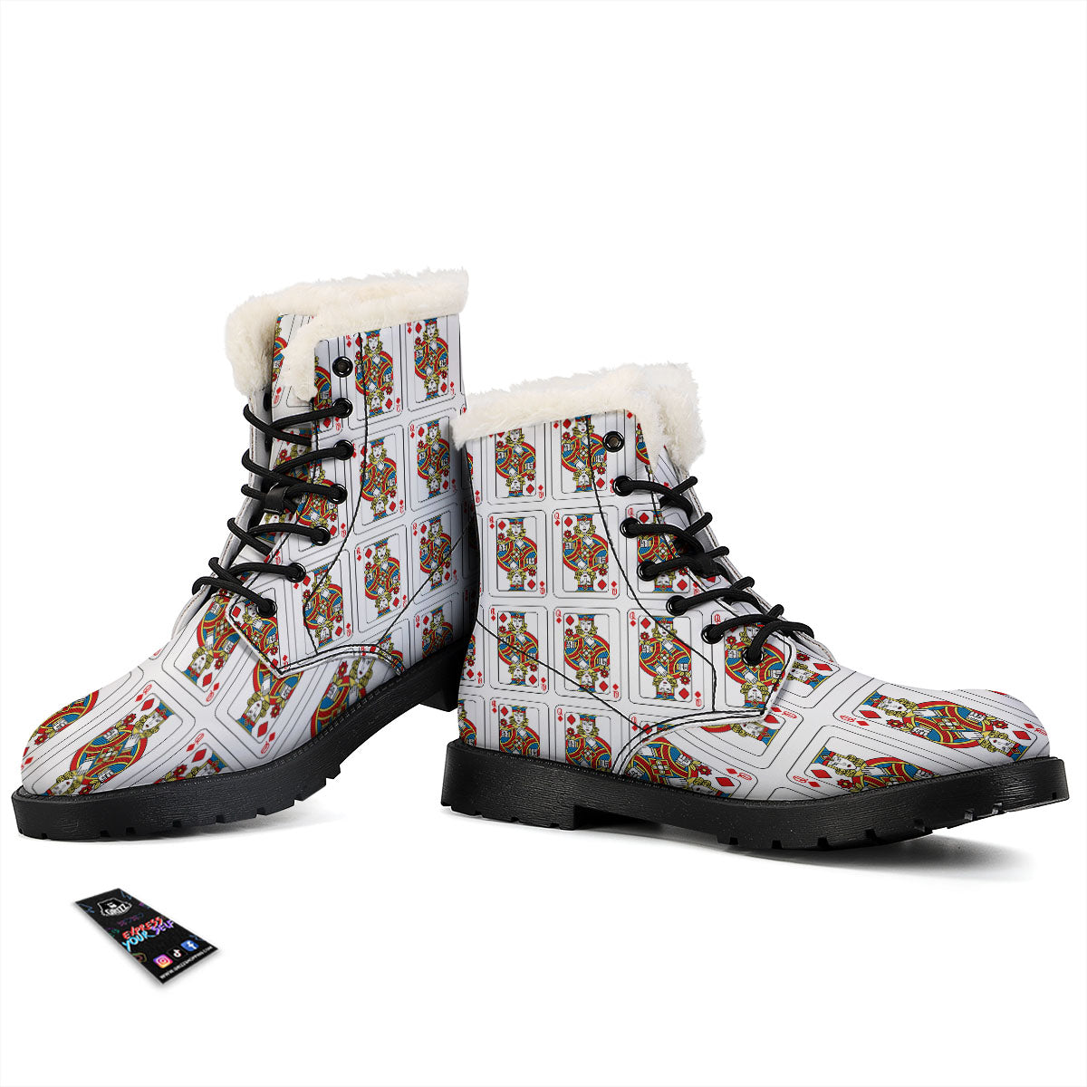 Playing Card Queen Of Diamonds Print Pattern Winter Boots