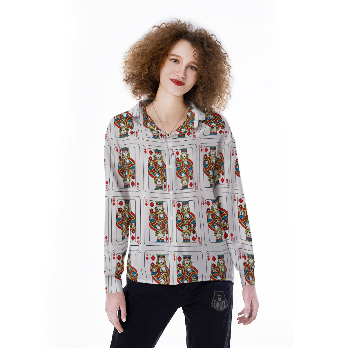 Playing Card Queen Of Diamonds Print Pattern Women's Long Sleeve Shirt